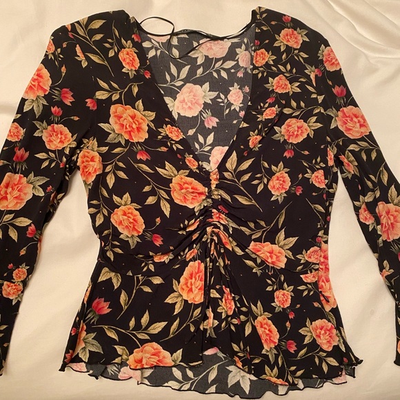 Zara | Tops | Zara Floral Top With Ruched Design In Front | Poshmark